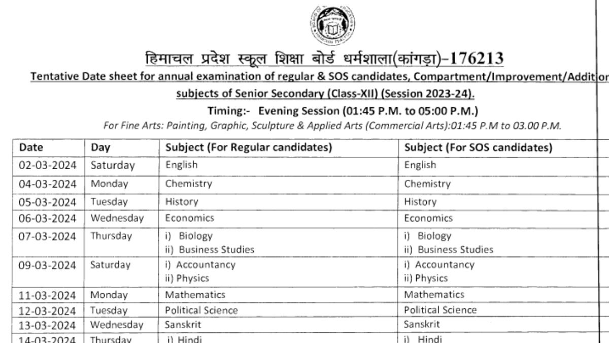 HPBOSE Date Sheet 2024: हिमाचल प्रदेश बोर्ड एग्जाम डेटशीट जारी, 2 मार्च ... HPBOSE Date Sheet 2024: हिमाचल प्रदेश बोर्ड एग्जाम डेटशीट जारी, 2 मार्च ...